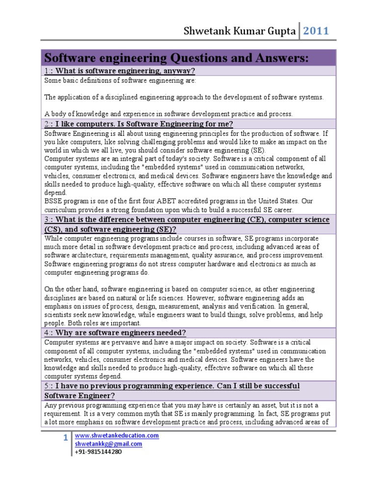 Software Engineering Questions and Answers | PDF | Software Testing ...