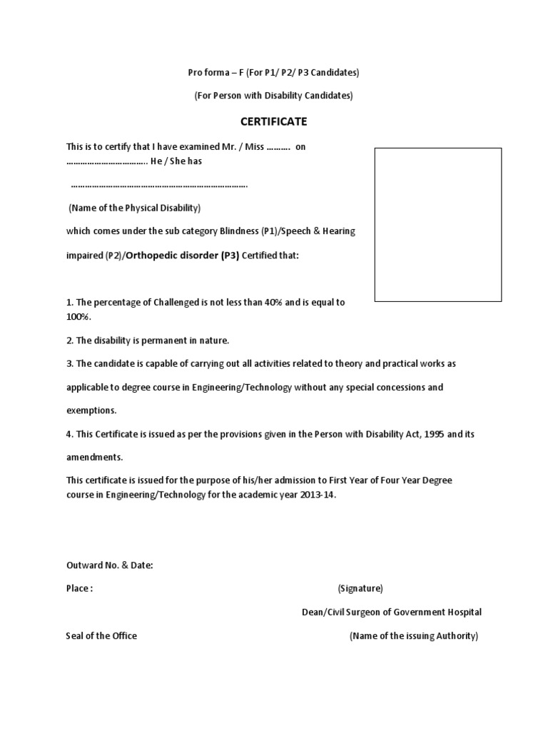 Disability Certificate for Admission | PDF