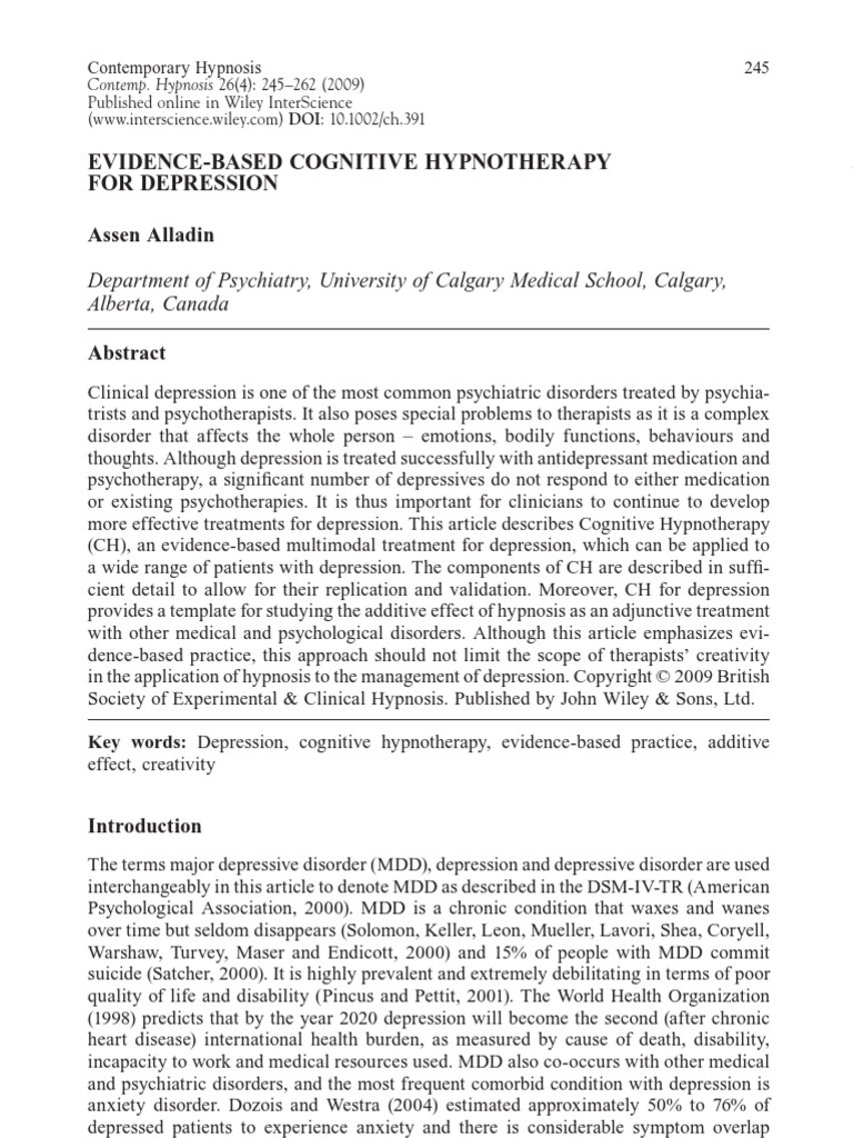 Evidence-Based Cognitive Hypnotherapy For Depression | PDF | Cognitive Behavioral Therapy | Hypnosis