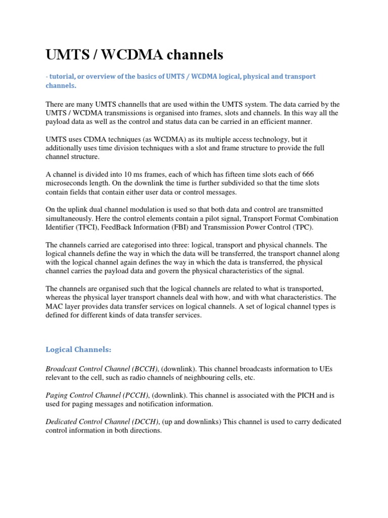 UMTS / WCDMA Channels: - Tutorial, or Overview of The Basics of UMTS ...