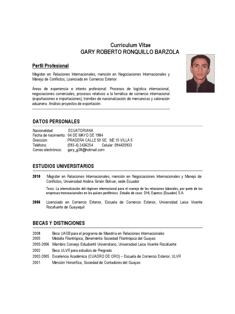 Currículum Vitae Gary Roberto Ronquillo Barzola: Perfil Profesional ...