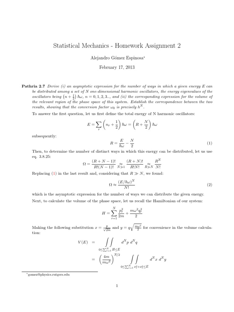 Statistical Mechanics - Pathria Homework 2 | PDF | Scientific Theories ...