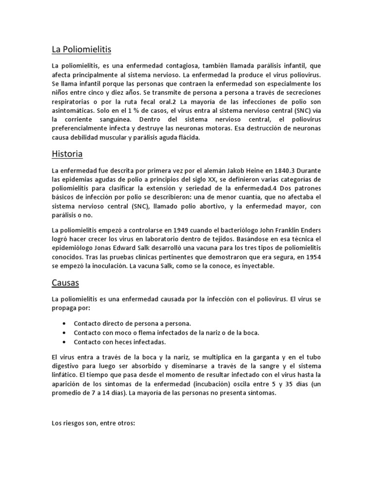 La Poliomielitis | PDF | Especialidades Medicas | Enfermedades y trastornos