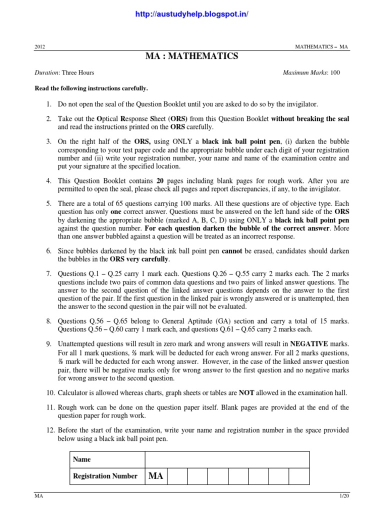 GATE 2012 MA Mathematics Question Paper | PDF | Metric Space | Basis ...