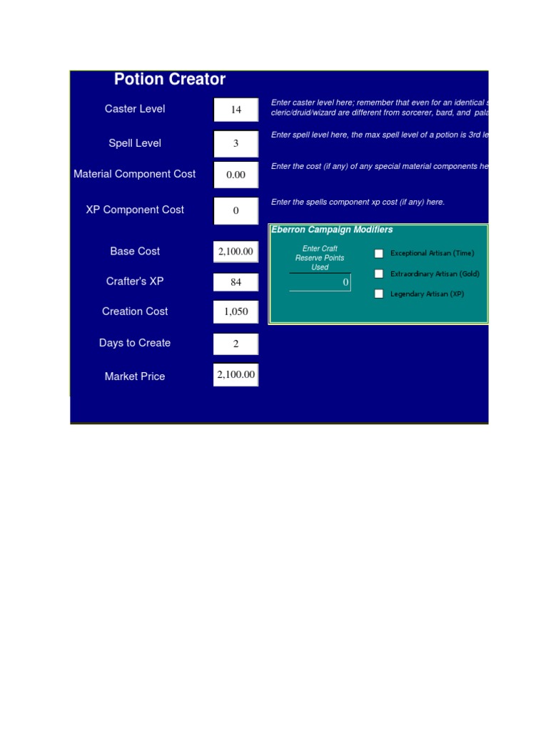 Magic Item Creation Spreadsheet | PDF | Wizards Of The Coast Games ...