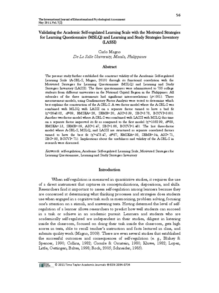 Validating The Academic Self-Regulated Learning Scale With The ...