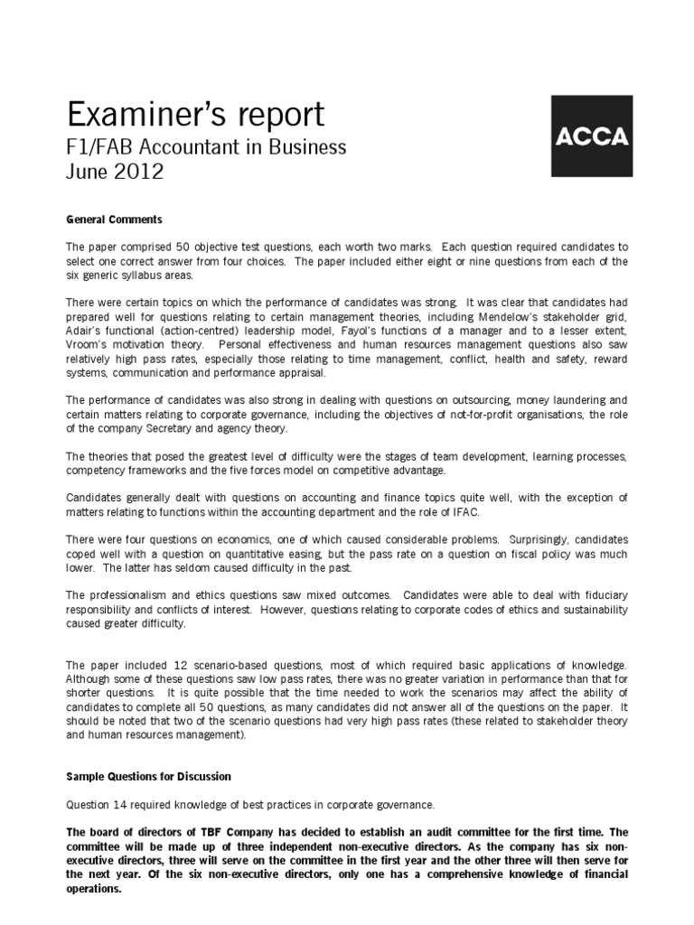 F1 FAB June 2012 Examiner's Report | PDF