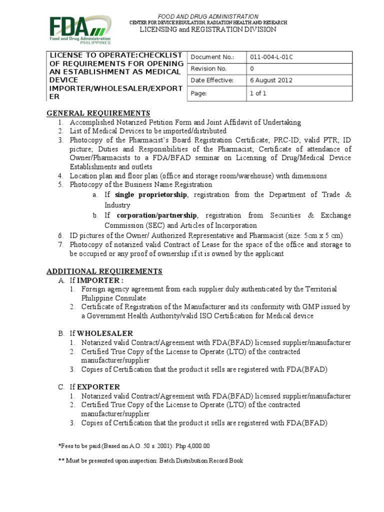 Medical Device Importer License Checklist | PDF