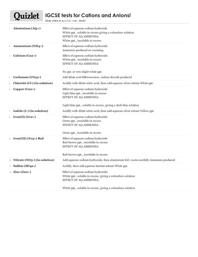 IGCSE Tests for Cations and Anions | PDF | Hydroxide | Aqueous Solution