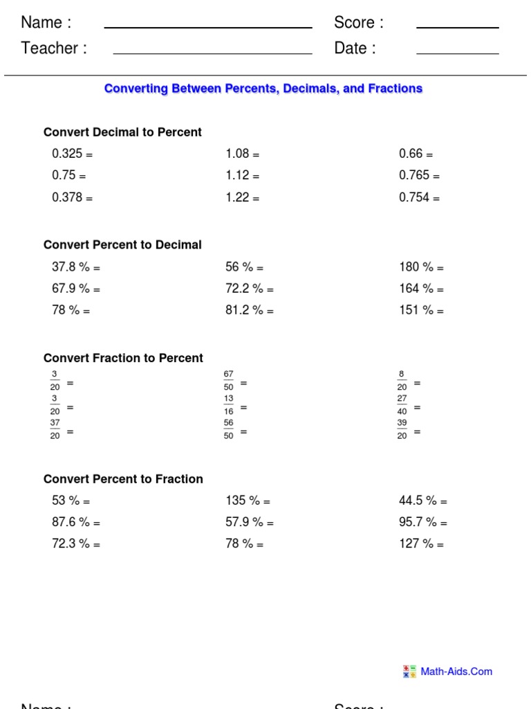 Name: Teacher: Date: Score:: Converting Between Percents, Decimals, and Fractions | PDF