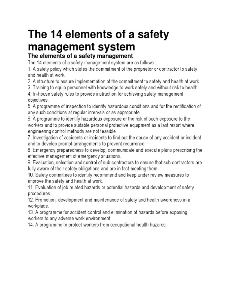 The 14 Elements of A Safety Management System | PDF | Occupational ...