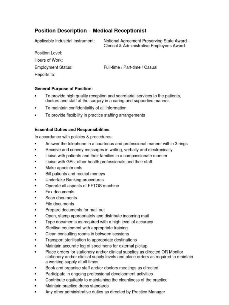 GPS Medical Receptionist Job Description | PDF | General Practitioner ...