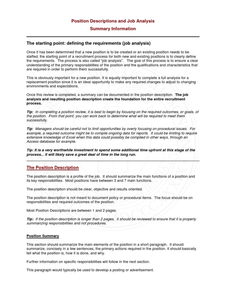 Position Description Summary | PDF | Recruitment | Cognition