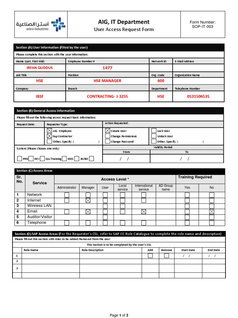 User Access Request Form SOP-IT-003 | PDF | Email | Password