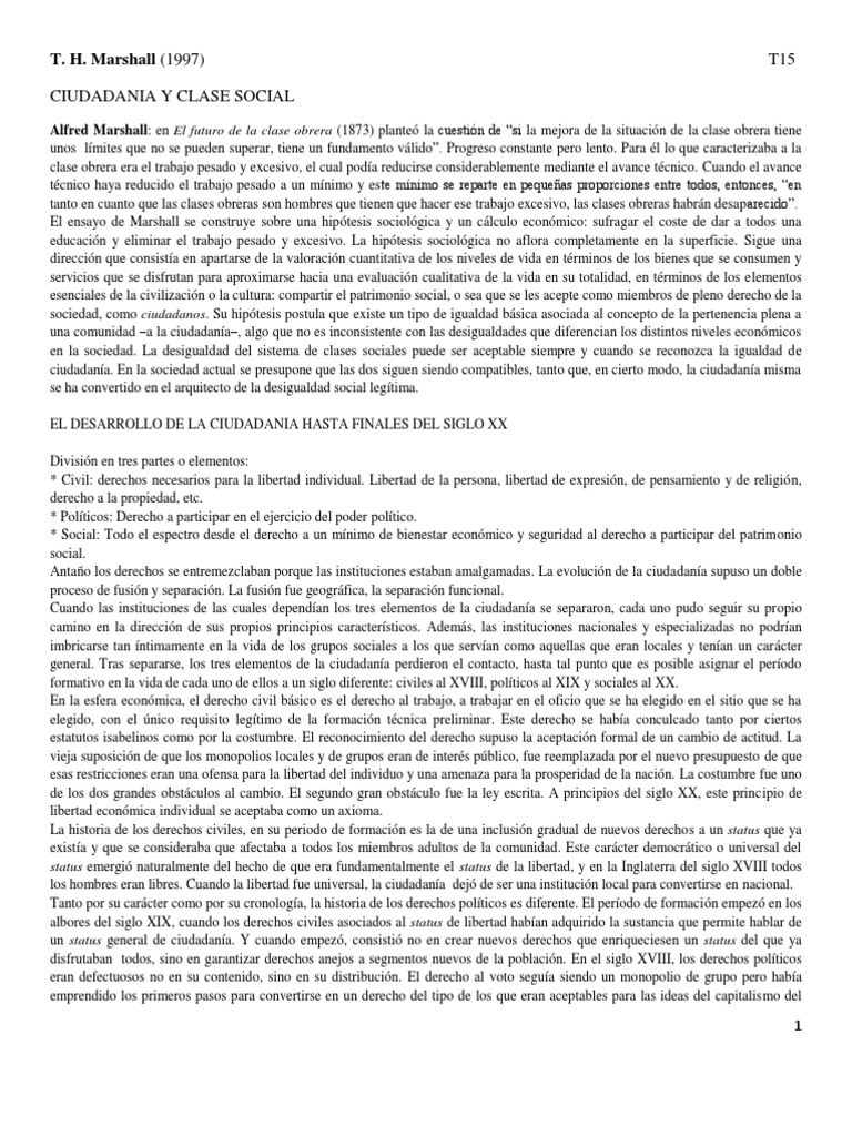 Resumen - T. H. Marshall (1997) "Ciudadanía y Clase Social" | PDF ...