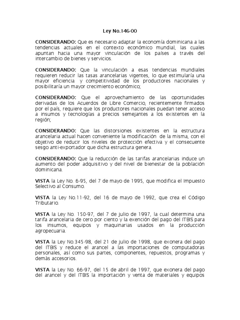 Ley 146-00, de Reforma Arancelaria | PDF | Arancel | aduana