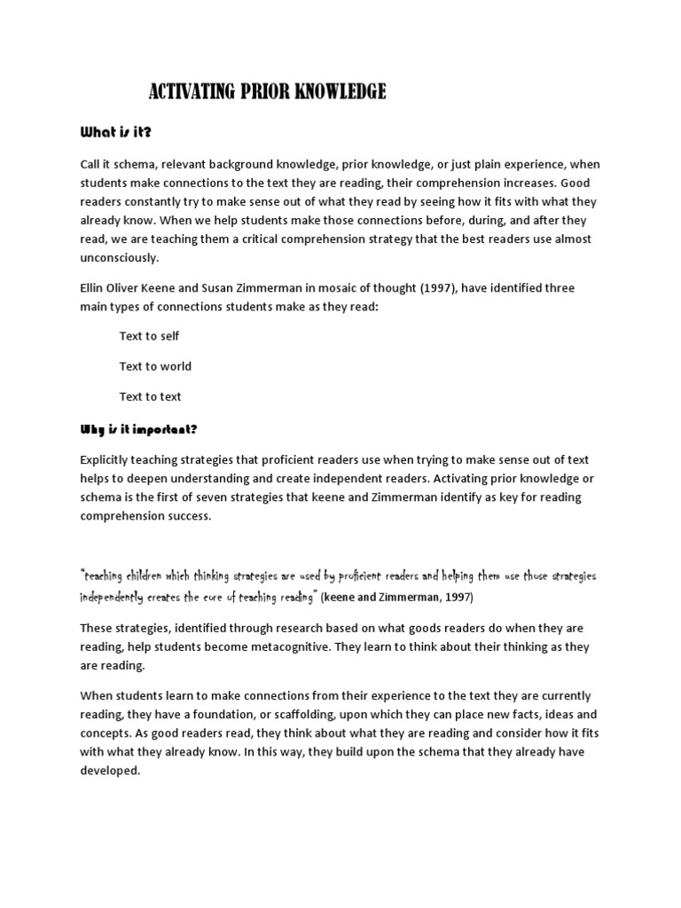 Activating Prior Knowledge | PDF | Reading Comprehension | Thought