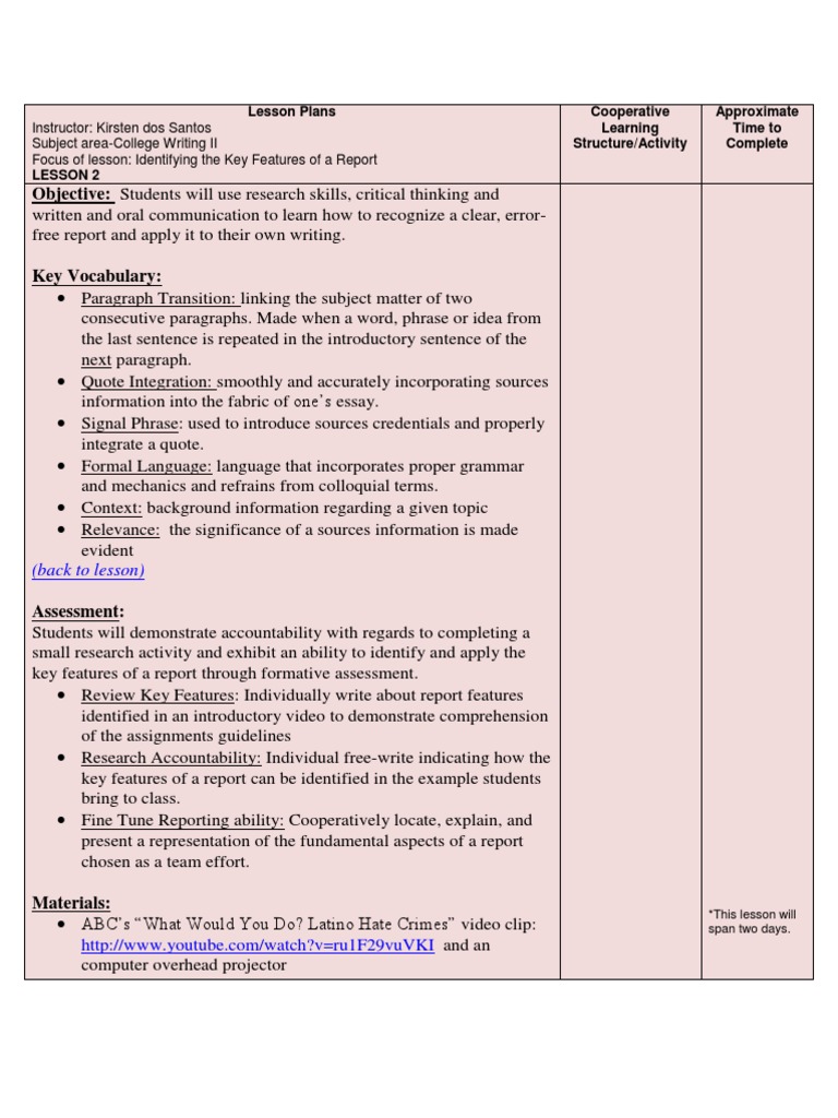 Cooperative Learning Lesson Plan Report Features | PDF | Educational ...