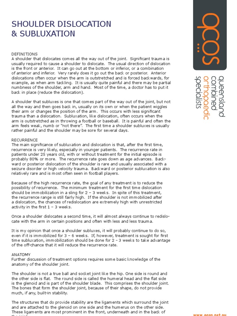 Shoulder Dislocation Subluxation | PDF