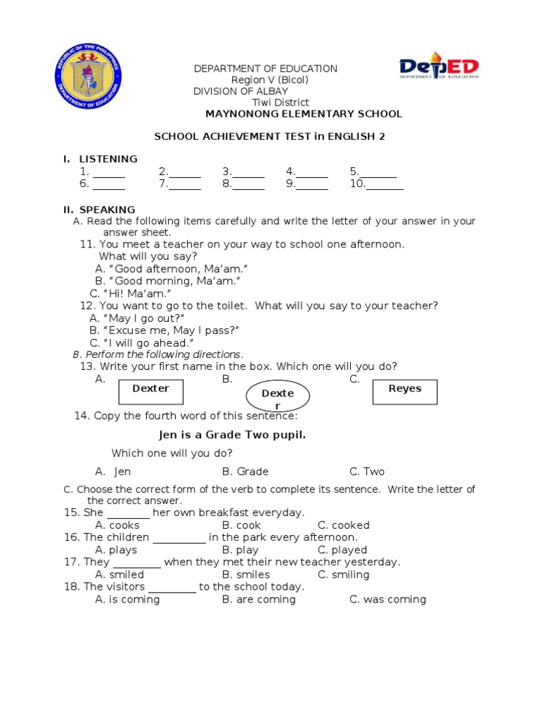 MAYNONONG ELEMENTARY SCHOOL ACHIEVEMENT TESTS | PDF