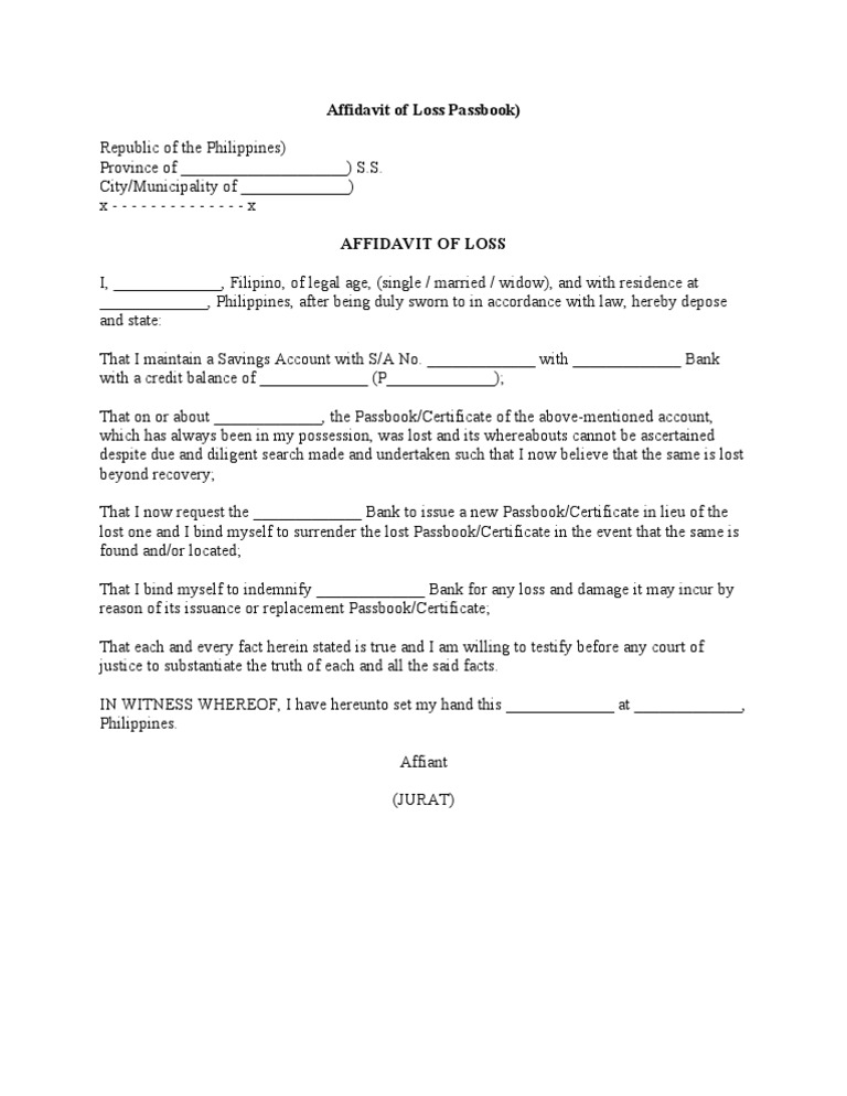 Affidavit of Loss Passbook