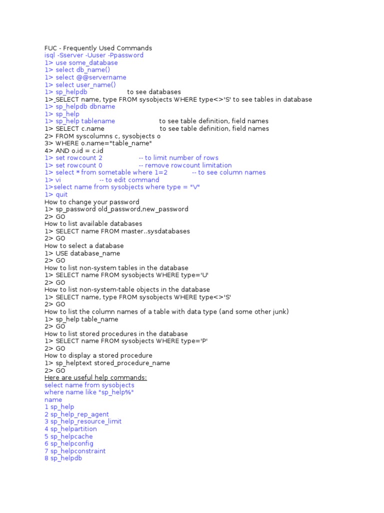 Sybase Isql Cheat Sheet Pdf Database Index String Computer Science 0959