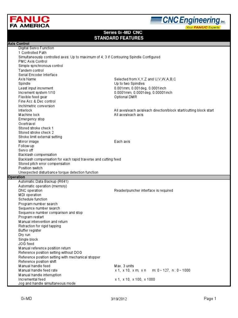Fanuc 0i-MD Standard Features and Options | PDF | Numerical Control | Gear