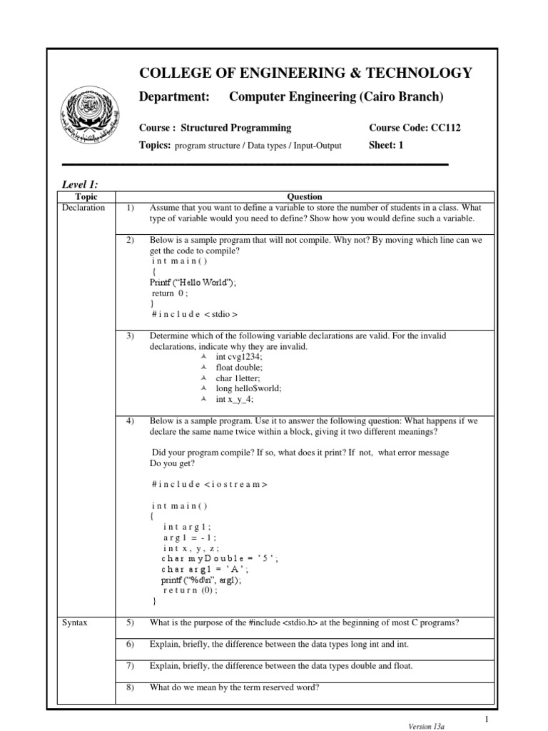 Sheet 01 Ver13 A Program Structure Data Types Input Output Pdf Integer Computer Science 