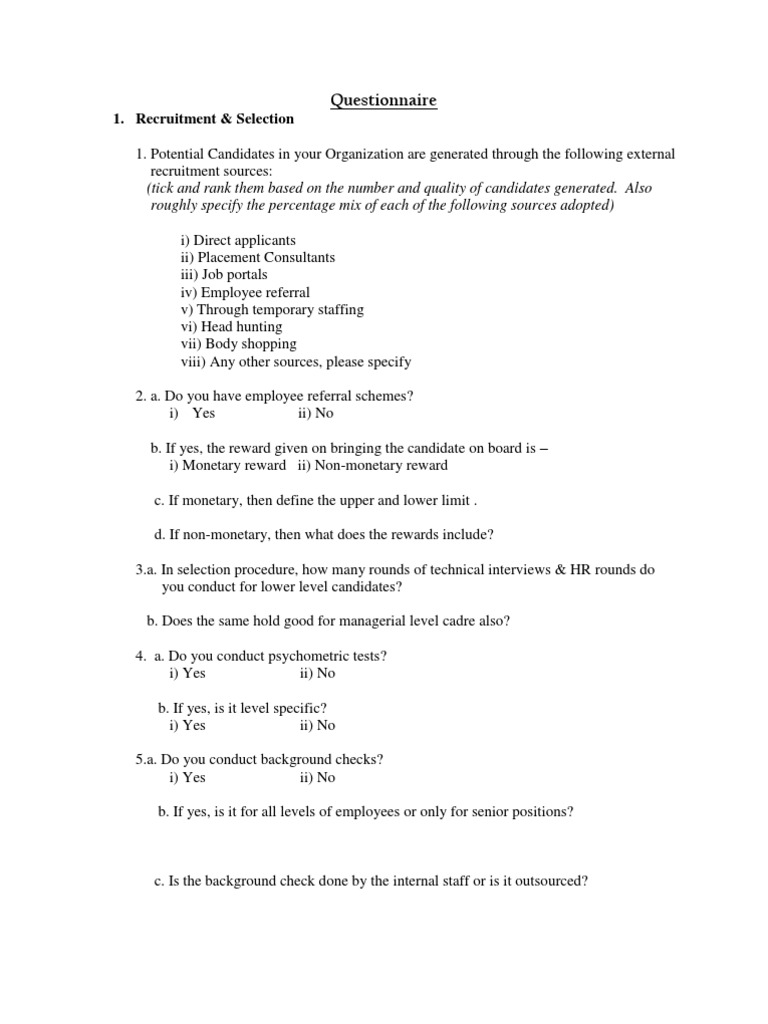 Questionnaire: 1. Recruitment & Selection | PDF | Performance Appraisal ...