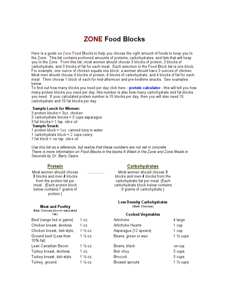 Zone Diet Food Blocks Guide | PDF | Tofu | Soybean