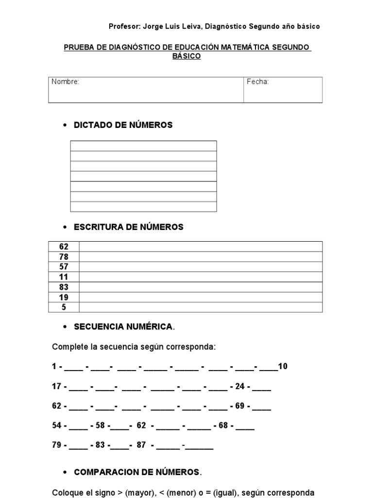Prueba Diagnóstica Matemáticas 2° Básico | PDF | Números | Información