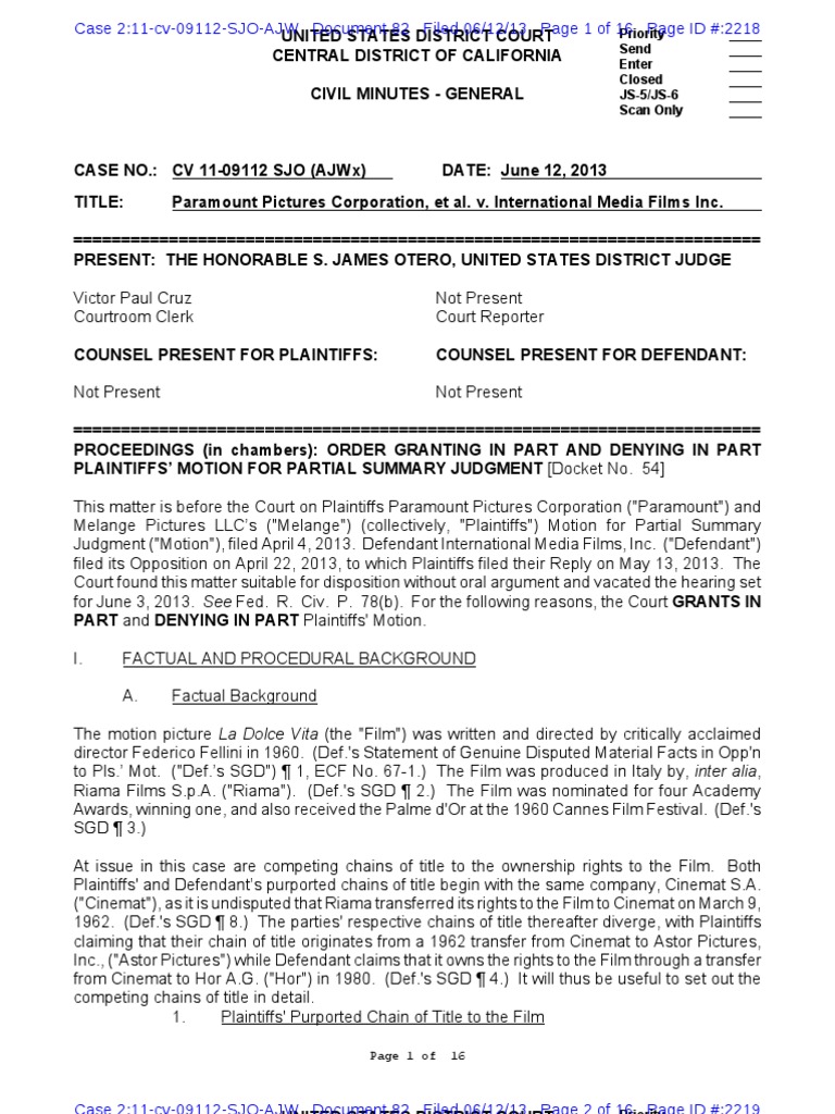 Paramount Pictures v. Int'l Media Films | PDF | Summary Judgment | Evidence