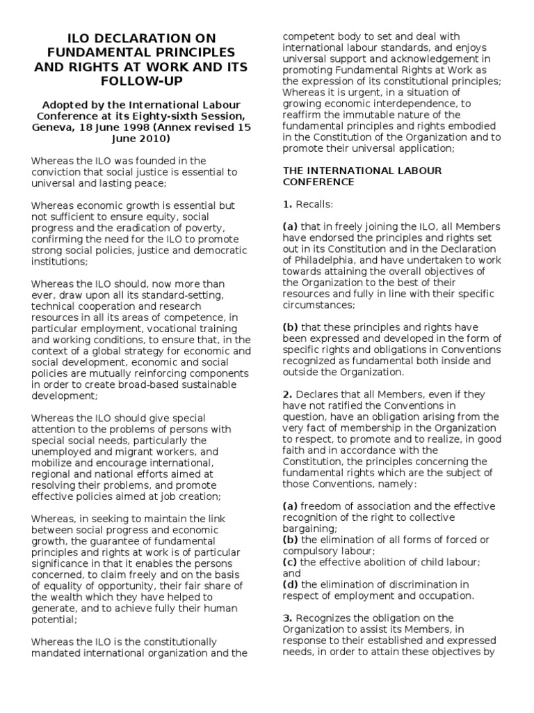 Ilo Declaration On Fundamental Principles and Rights | PDF | International Labor Standards ...