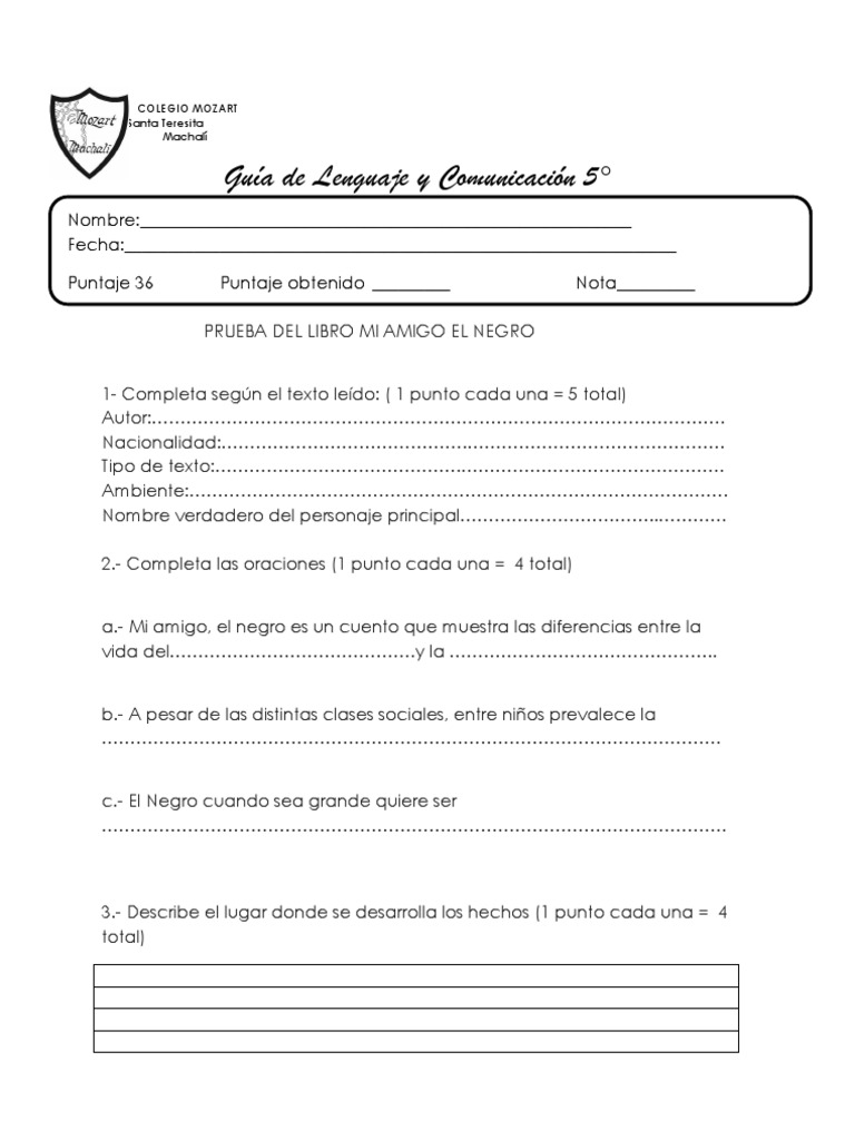 Prueba Del Libro Mi Amigo El Negro 5° | PDF | Ocio