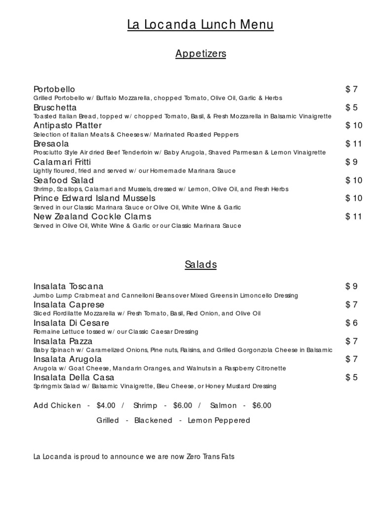 La Locanda Lunch Menu: Appetizers | PDF | Tomato Sauce | Salad
