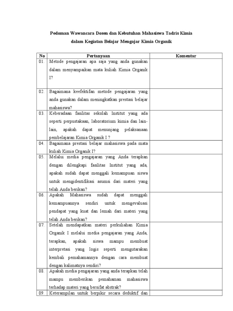 Pedoman Wawancara Dosen Dan Kebutuhan Mahasiswa Tadris Kimia | PDF