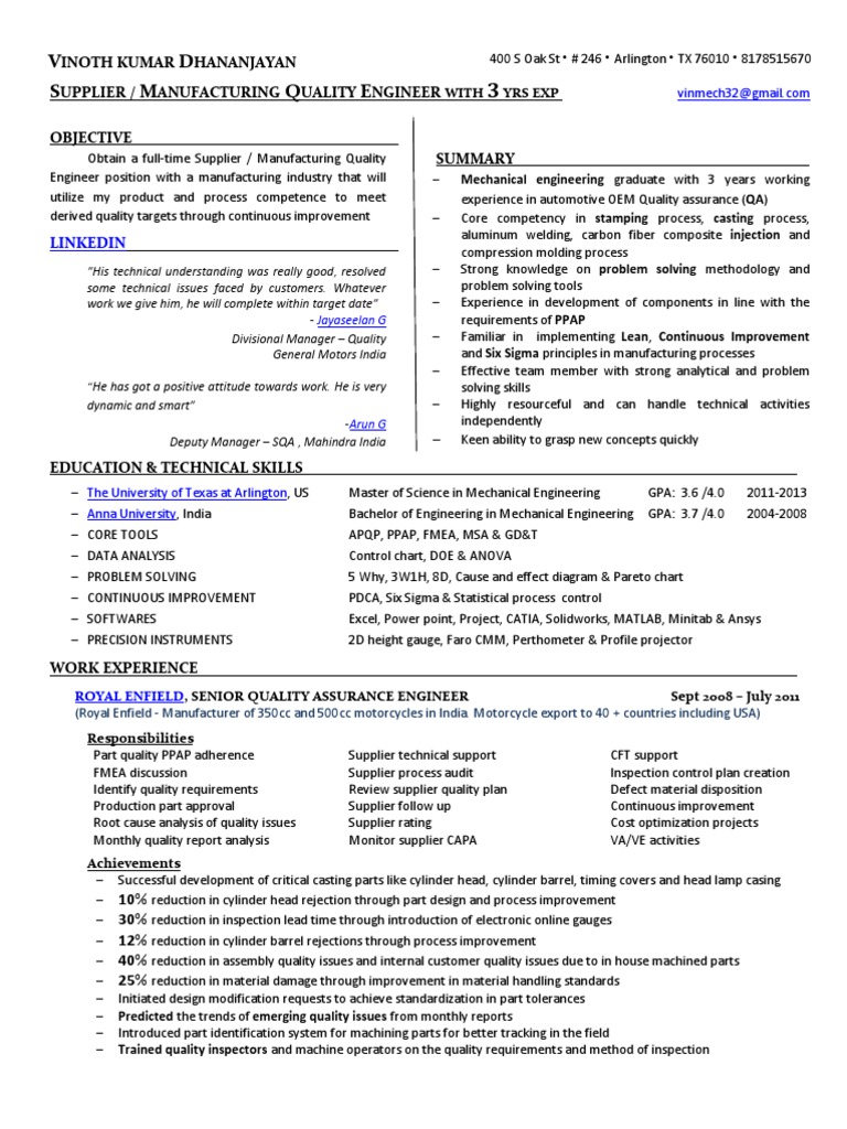 Resume Supplier Quality Engineer 3 Yrs Exp Auto OEM Vinoth Kumar | PDF | Quality Assurance ...