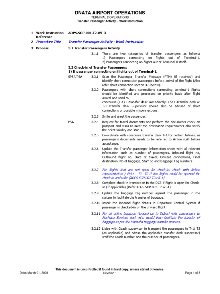 Transfer Passenger Activity Work Instruction: A Guide to Processing ...