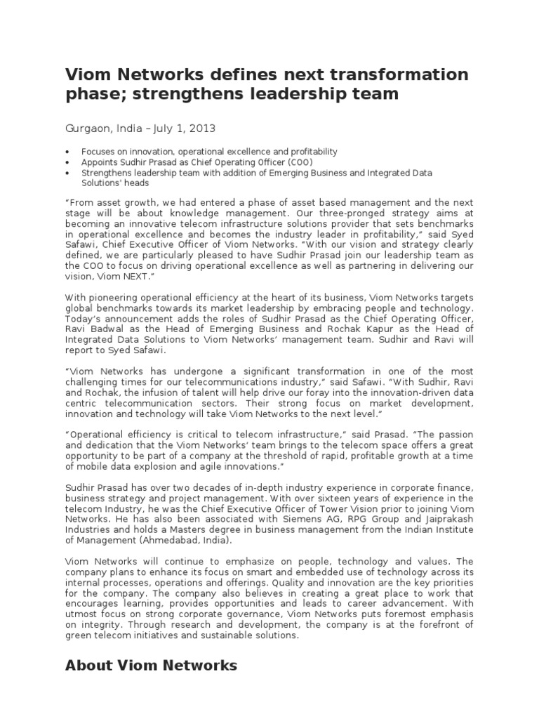 Press Release - Viom Networks Defines Next Transformation Phase ...