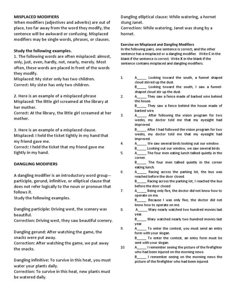 Misplaced Modifiers | PDF | Clause | Adjective