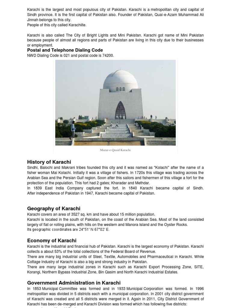 Postal and Telephone Dialing Code: History of Karachi | PDF | Karachi ...