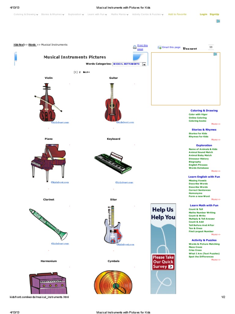 Musical Instruments With Pictures For Kids PDF | PDF | Language Arts ...