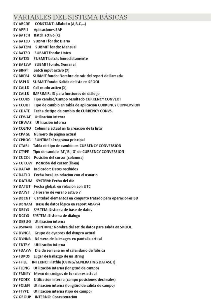 Variables Del Sistema | PDF | Tabla (base de datos) | Variable (informática)