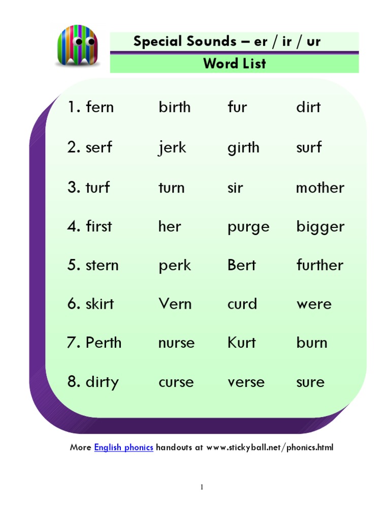 English Phonics Lesson: 'Er / Ir / Ur' - Word List and Sentences | PDF