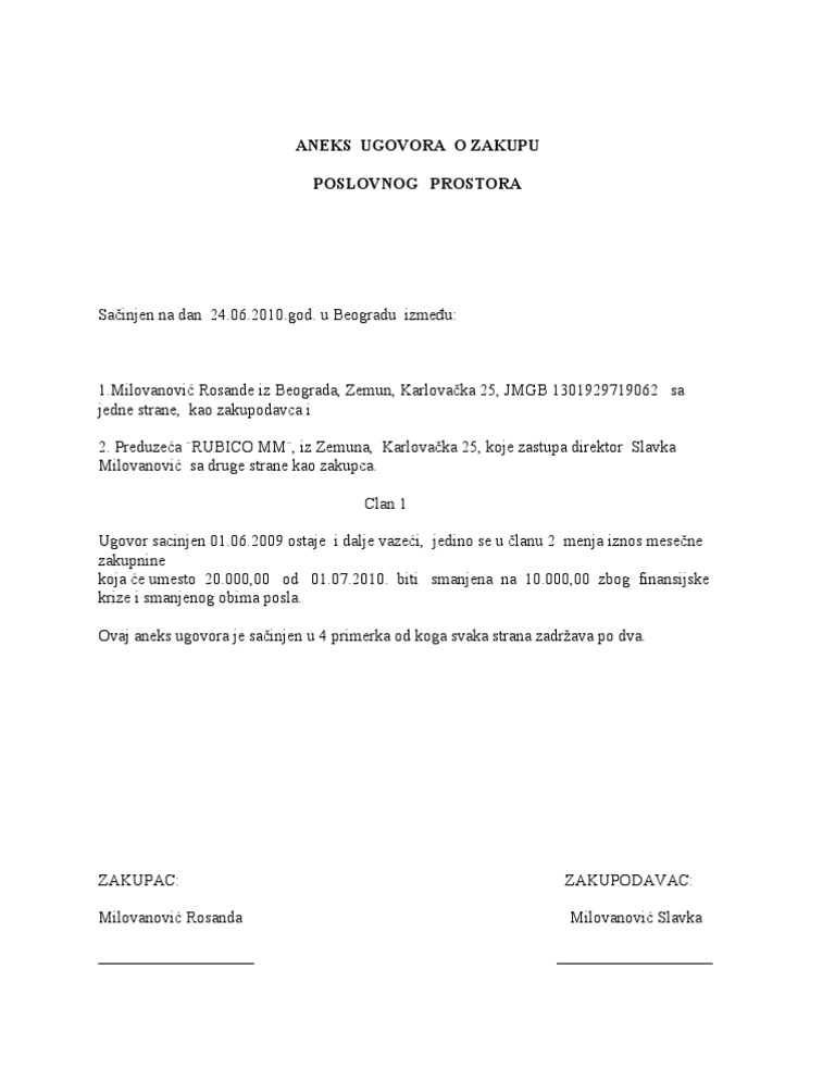Aneks Ugovora o Zakupu | PDF