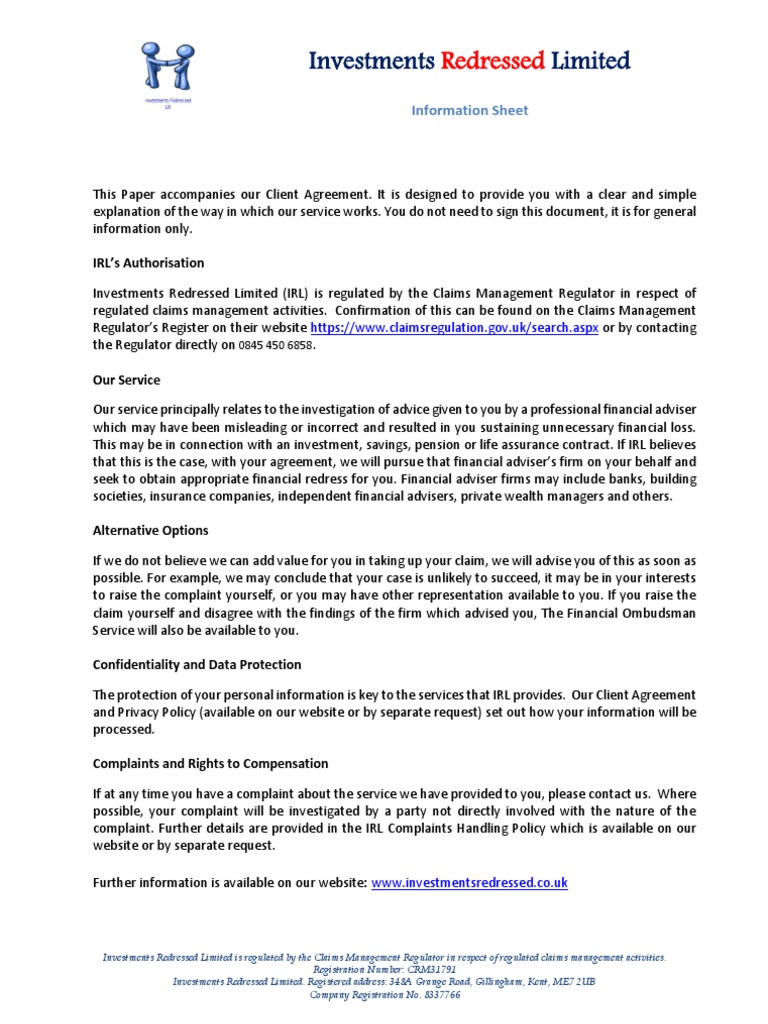 IRL Information Sheet | PDF | Financial Adviser | Social Institutions