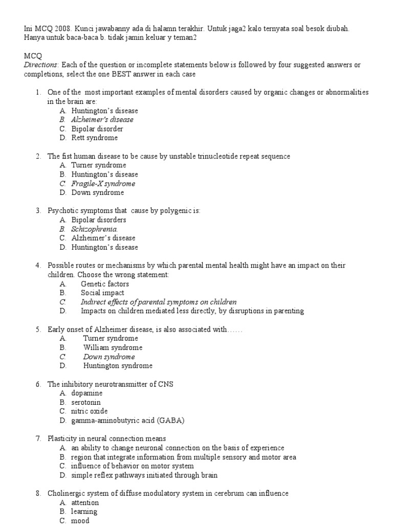 Soal MCQ Blok 16 | PDF | Schizophrenia | Dementia