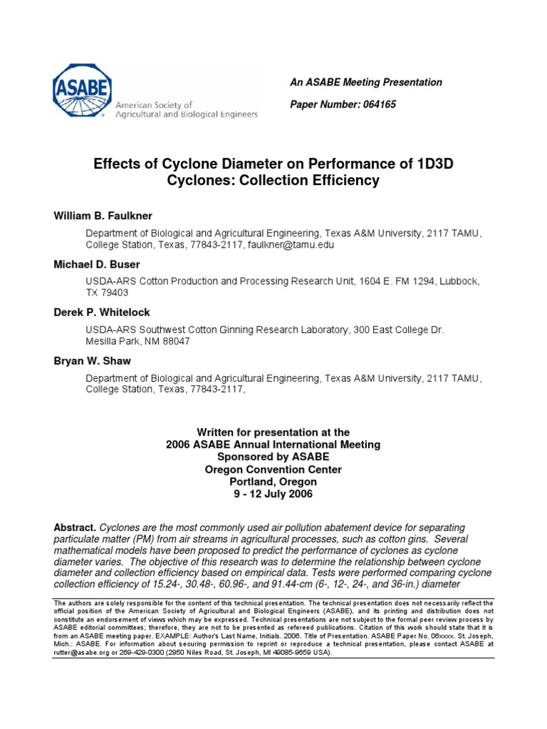 Effects of Cyclone Diameter On Performance of 1D3D Cyclones: Collection ...