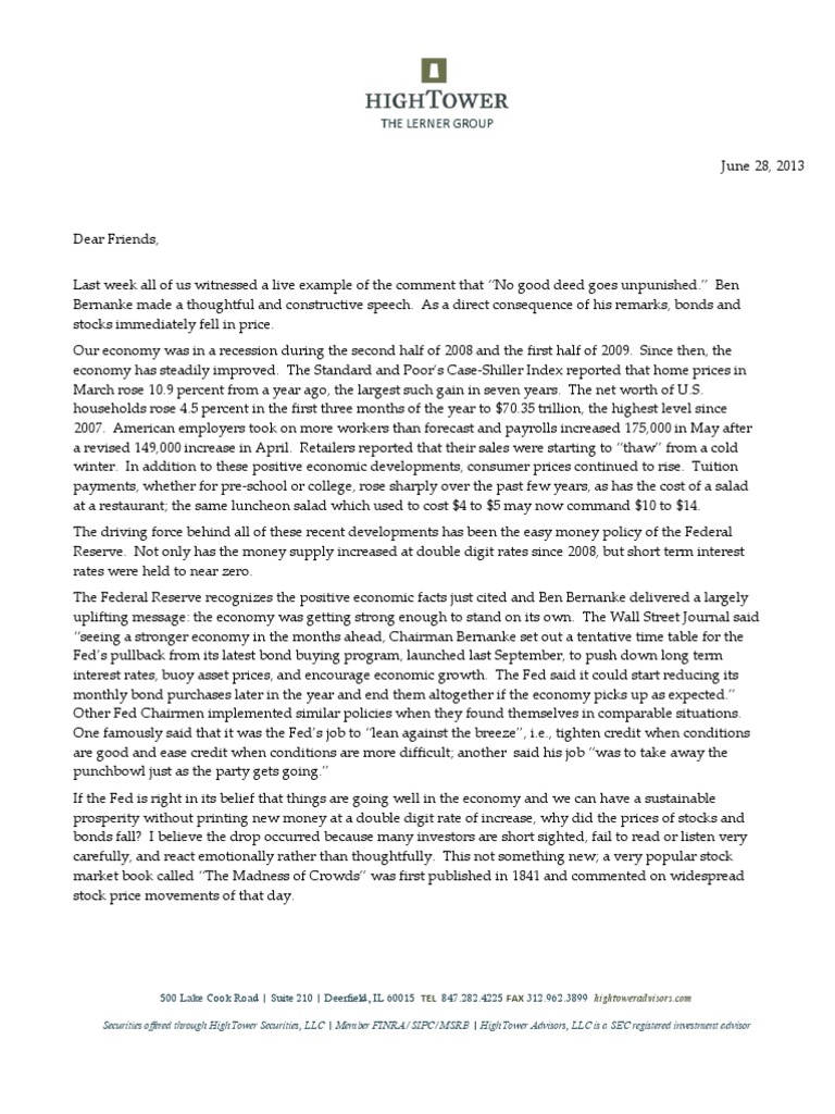 July Monthly Letter | PDF | Ben Bernanke | Federal Reserve System