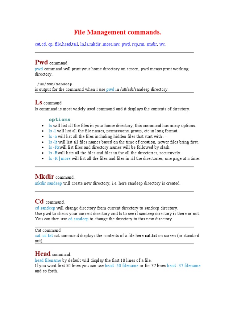 File Management Commands.: Cat CD CP File Head Tail LN Ls Mkdir More MV ...